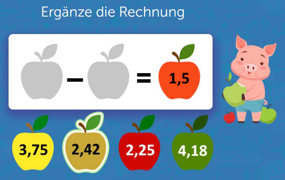Dezimalzahlen subtrahieren – Rechnung ergänzen (4. Kl.) – Schlaumik.de
